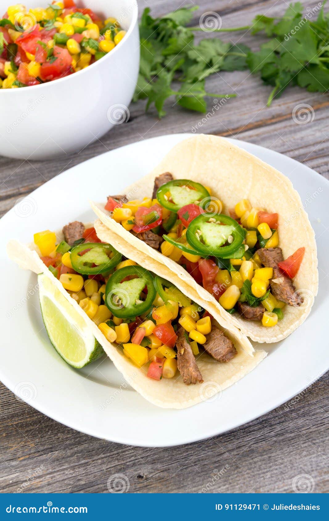 Beef Corn Soft Taco on Rustic Wood Table Stock Image - Image of ...