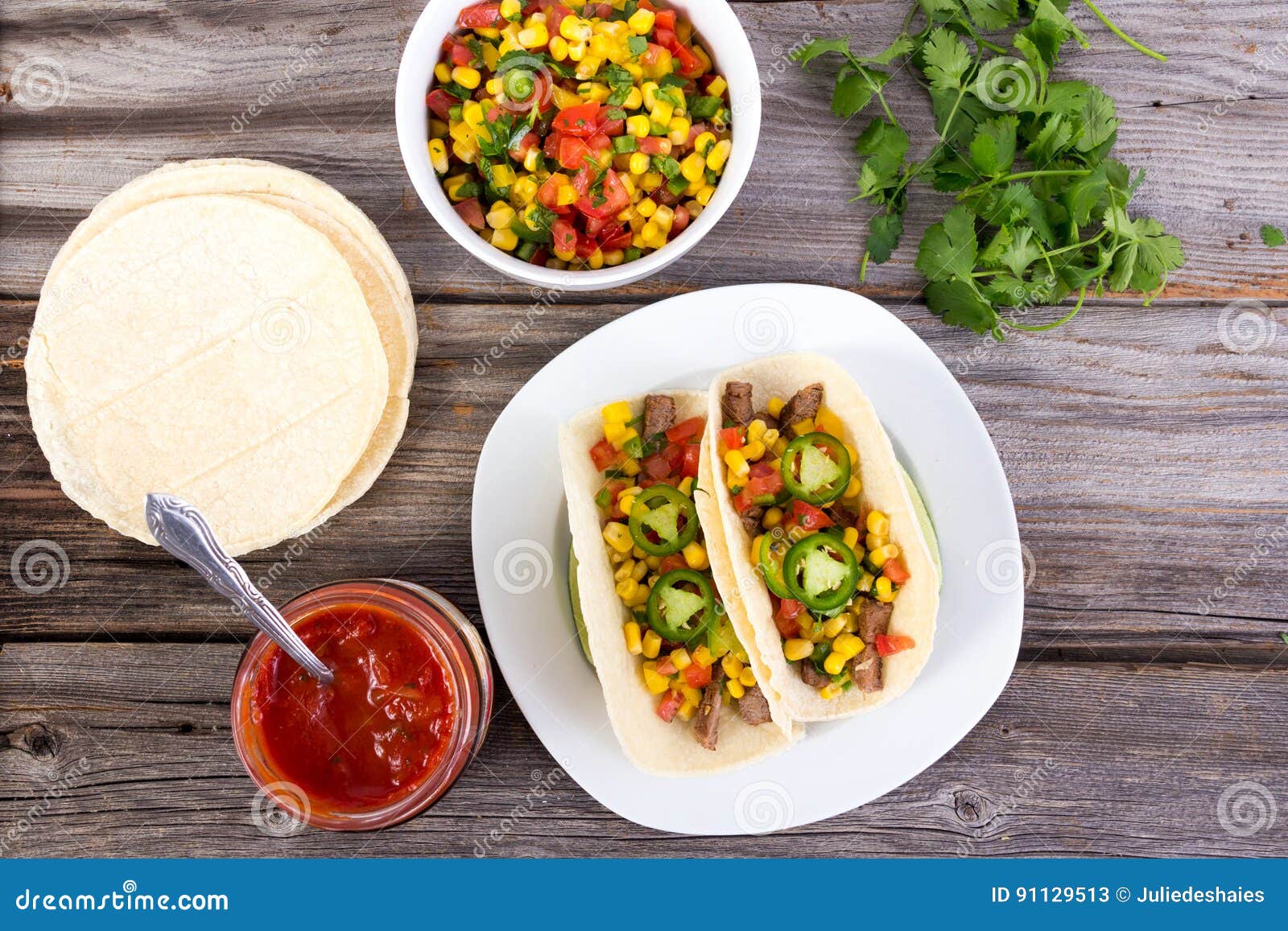 Beef Corn Soft Taco on Rustic Wood Table Stock Image - Image of summer ...