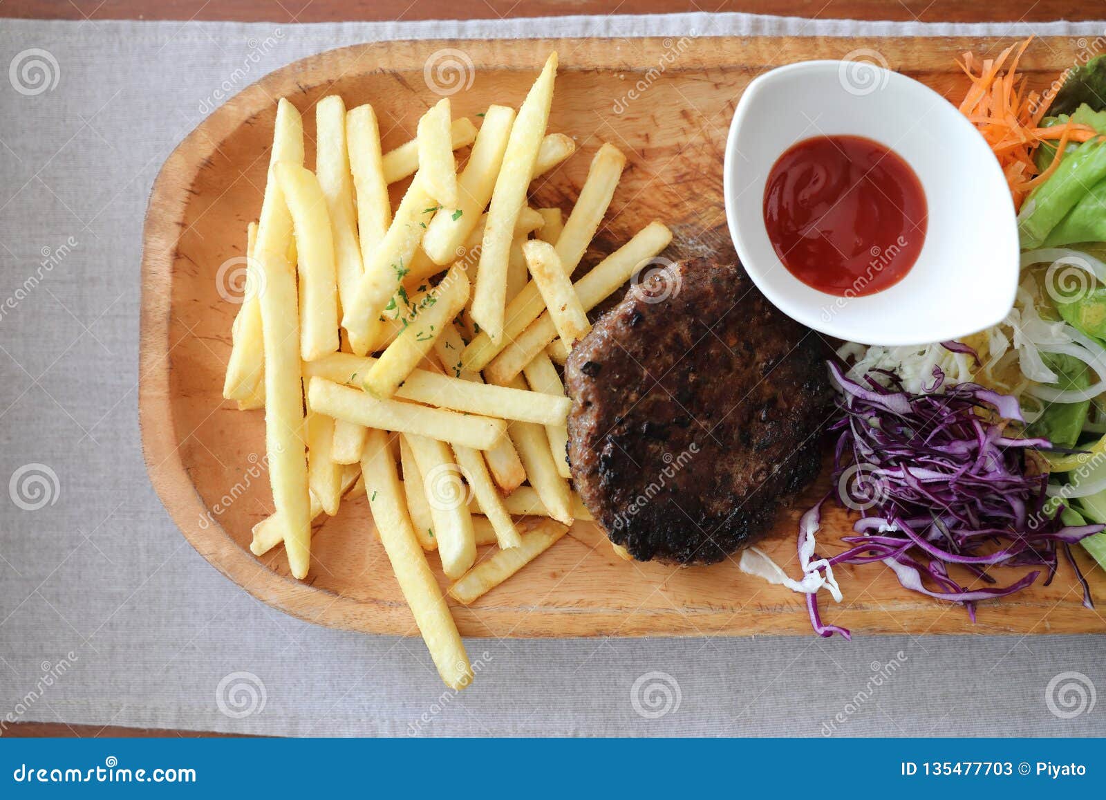 Beef Cutlet for Steak with Fires and Vegetables on Wooden Tray Stock ...