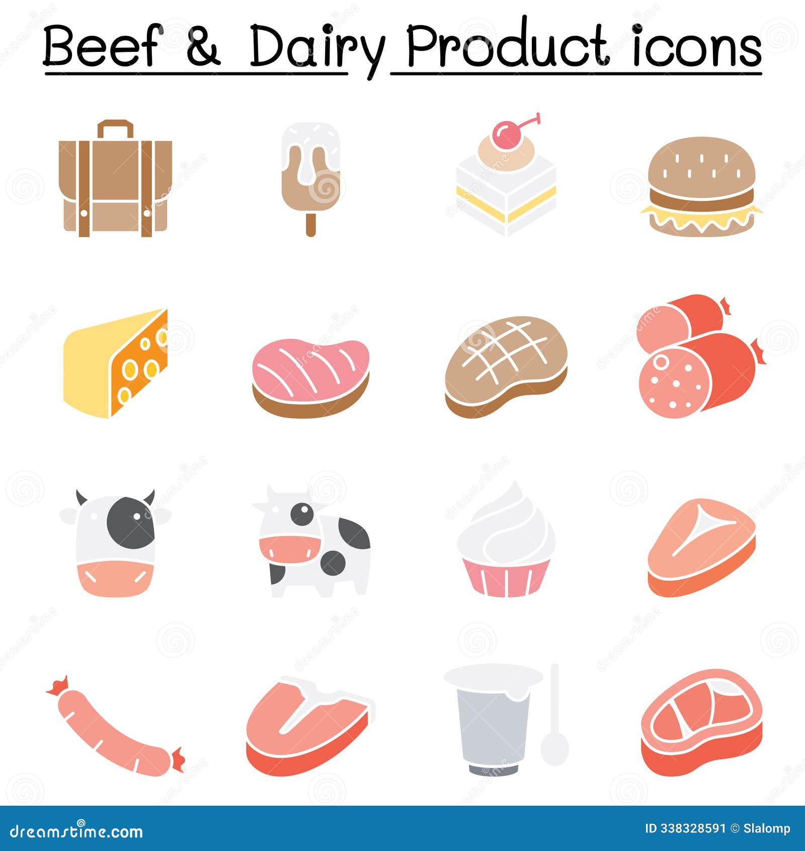 Beef and Dairy Products Icon Set in Flat Color Style Stock Vector ...
