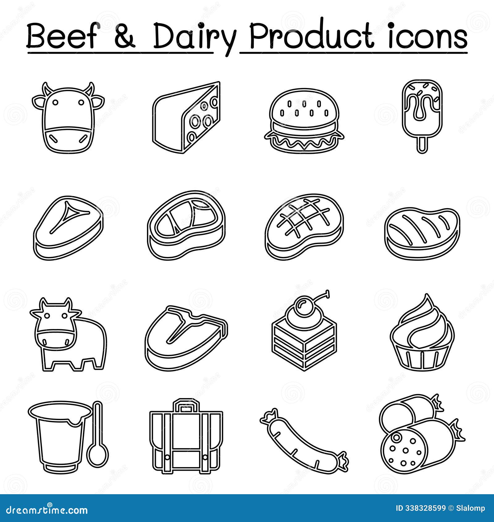 Beef and Dairy Products Icon Set in Thin Line Style Stock Illustration ...