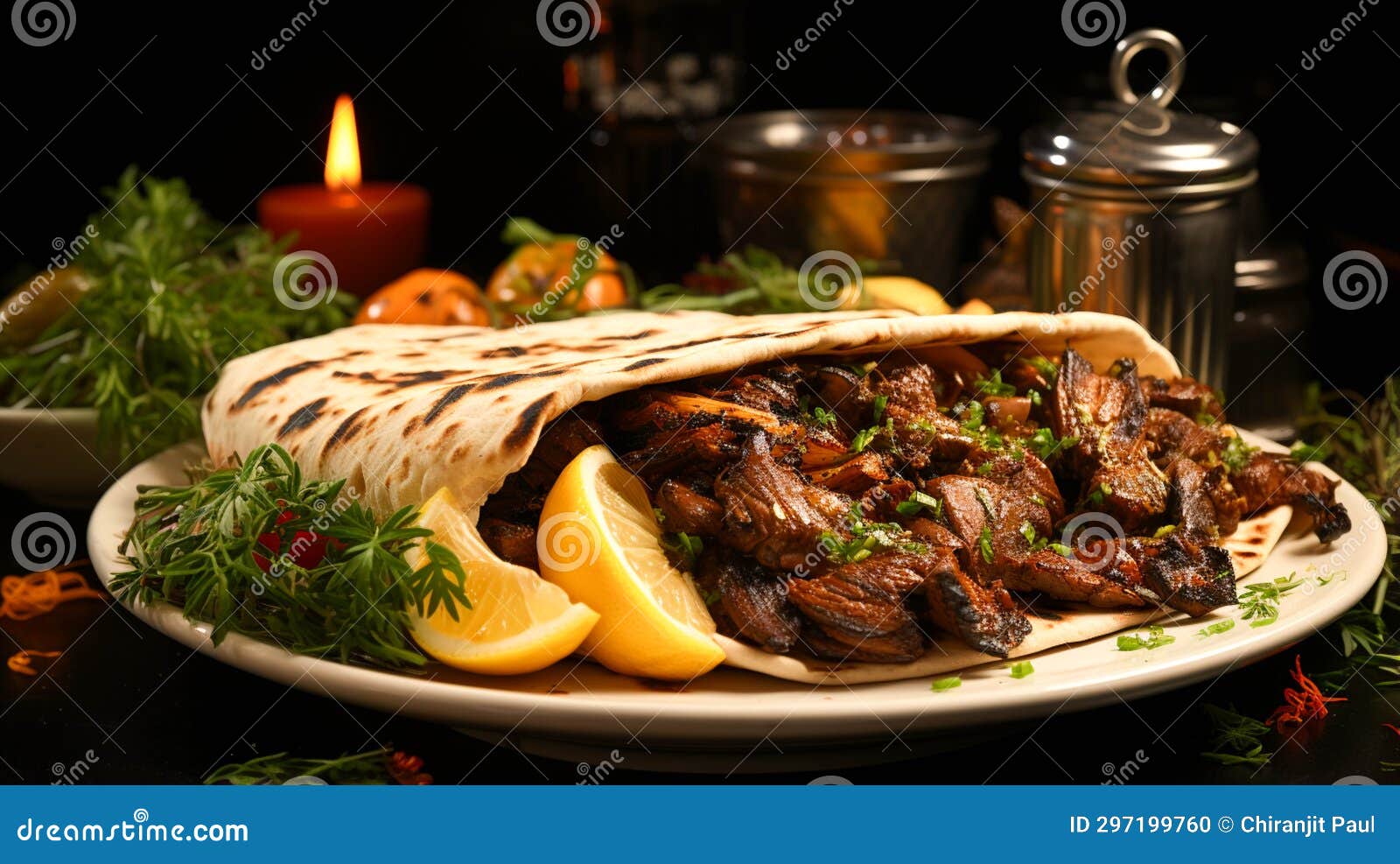 Beef Doner Kebab on the Plate with Grilled Vegetables on Yellow ...