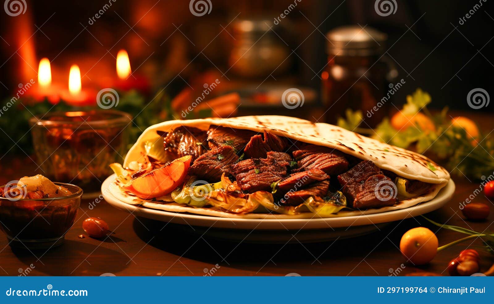 Beef Doner Kebab on the Plate with Grilled Vegetables on Yellow ...
