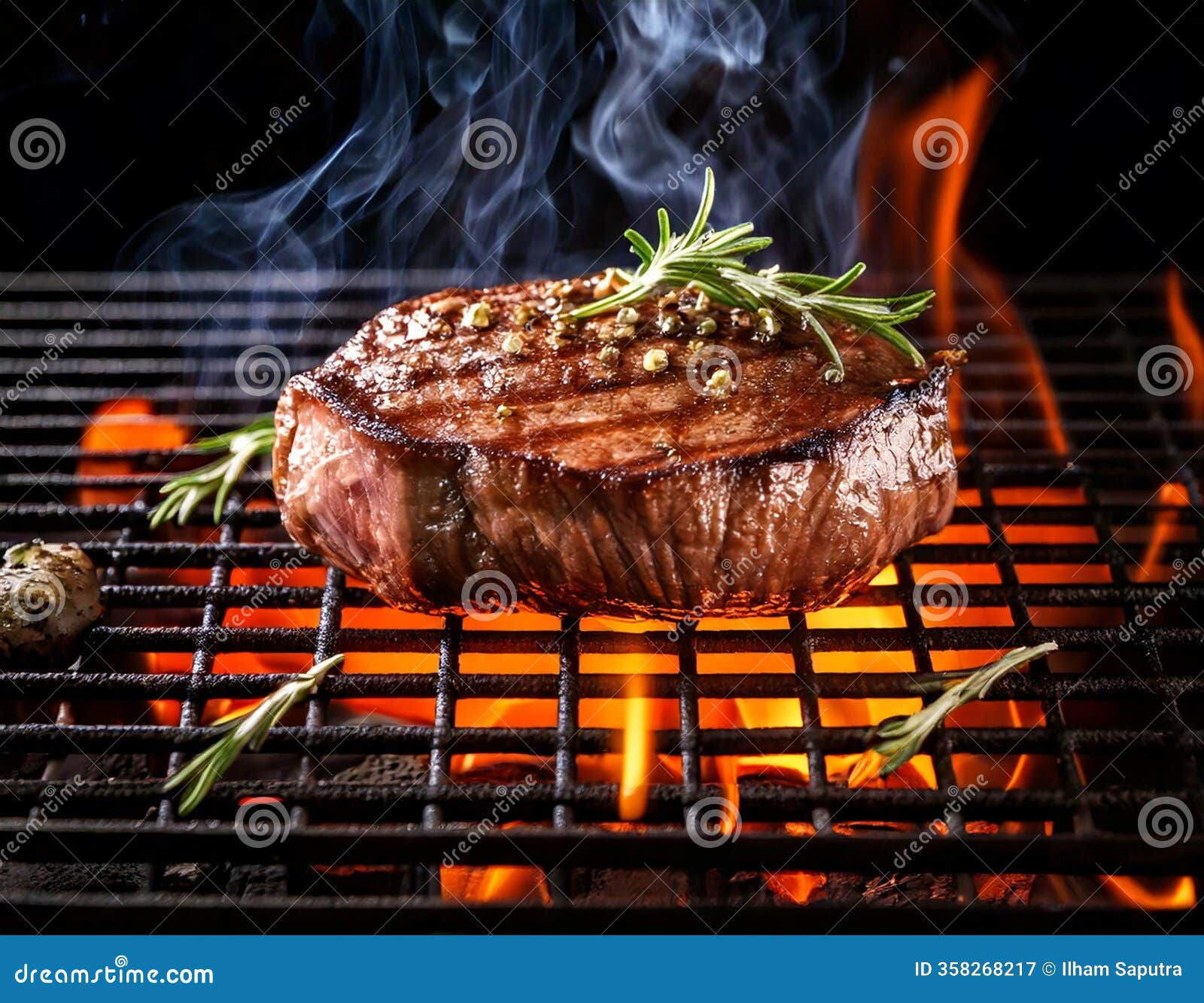 Beef Filet In Grill With Fire. Delicious Grilled Beef Steak Royalty ...