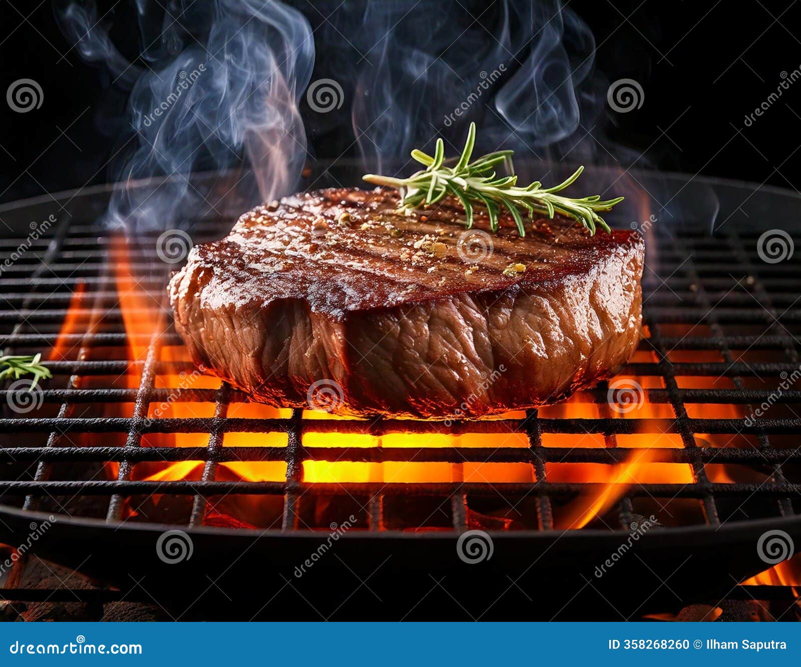 Beef Filet In Grill With Fire. Delicious Grilled Beef Steak Royalty ...