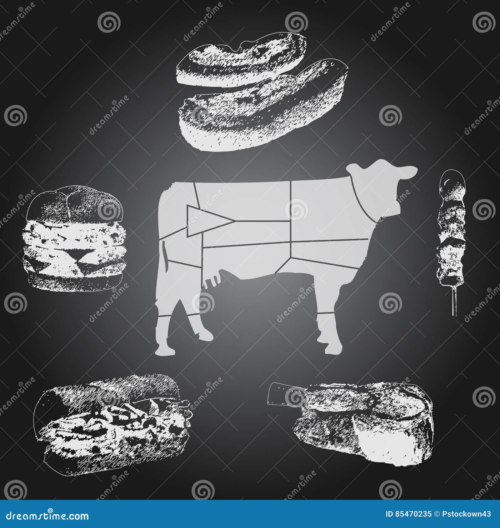 Beef Food Chalkboard Drawing Set Stock Vector - Illustration of poster ...
