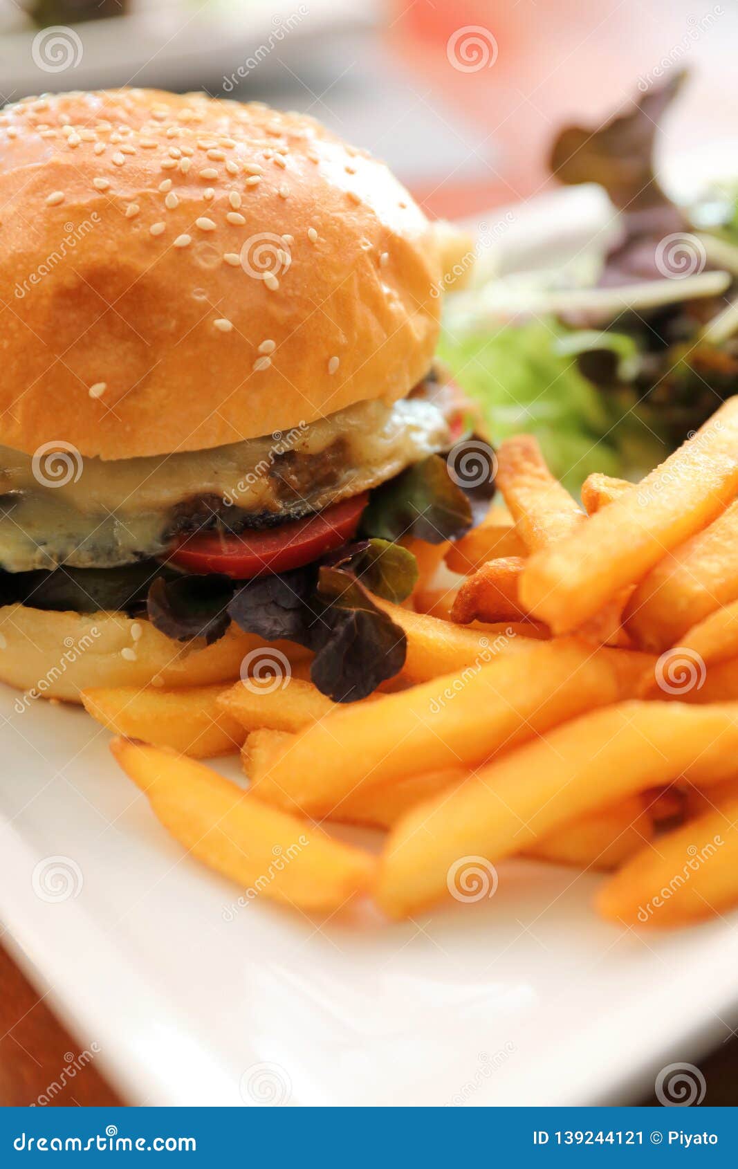 Beef Hamburger with Fries and Salad Stock Image - Image of homemade ...