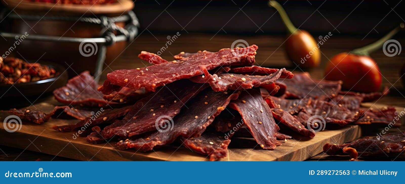 Beef jerky meat on table stock image. Image of favor - 289272563