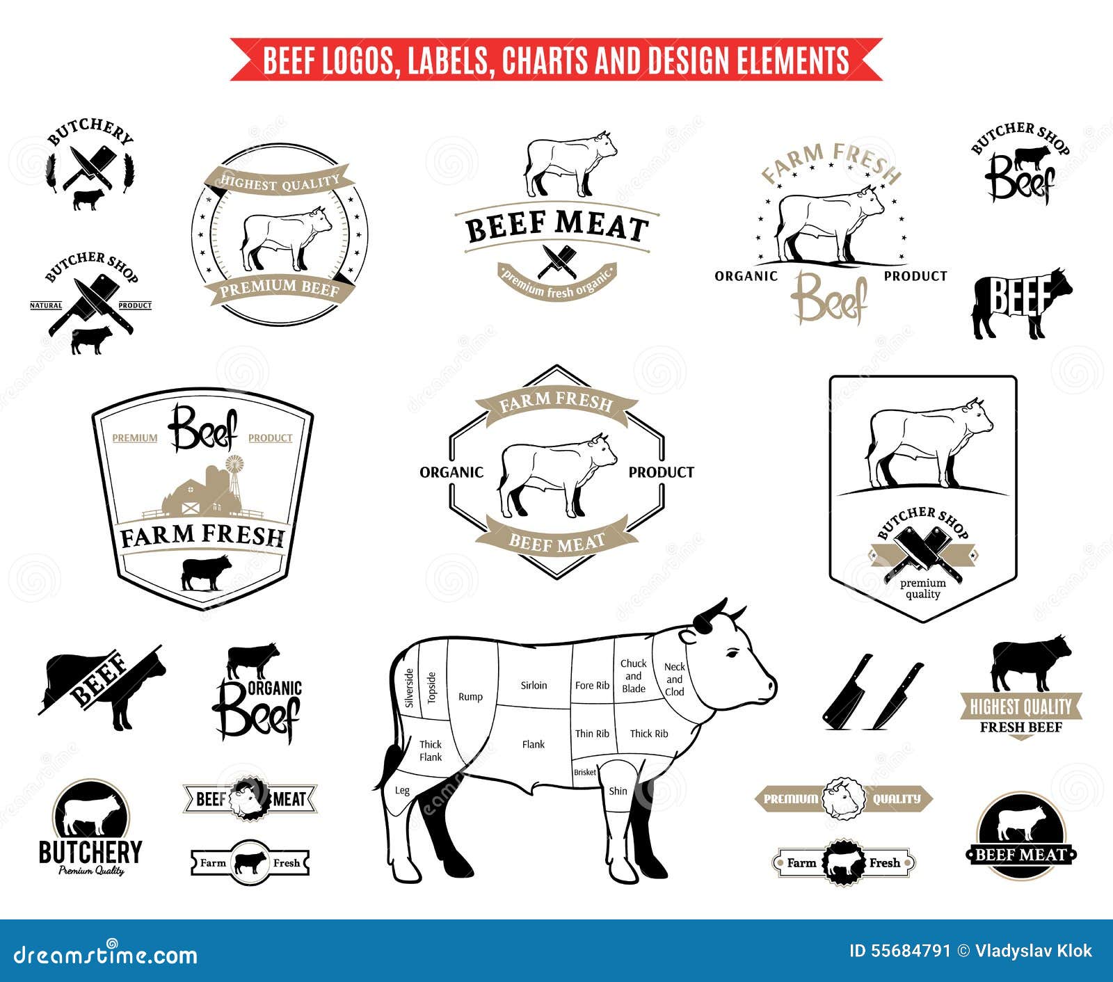 Beef Logos, Labels, Charts and Design Elements Stock Vector ...