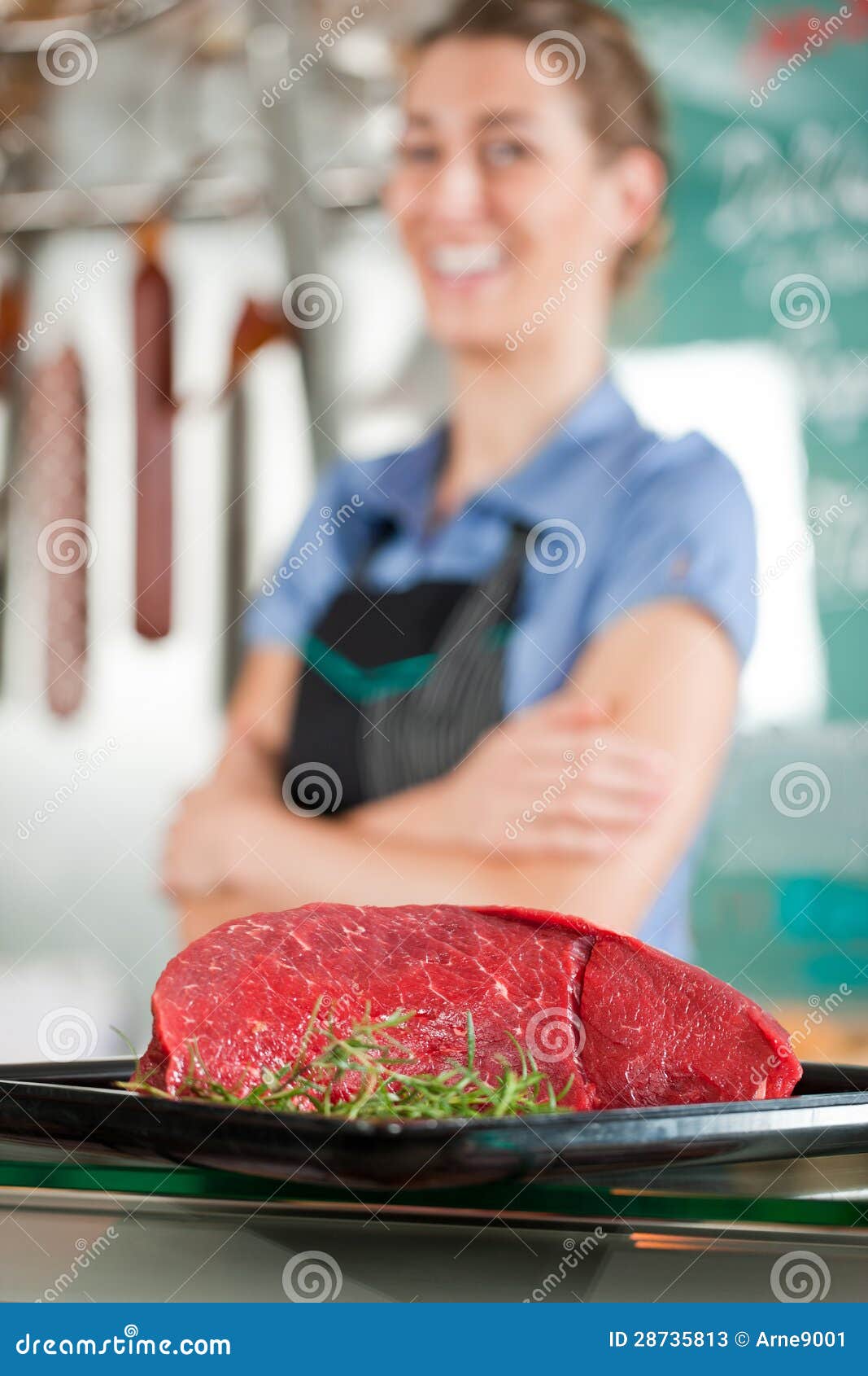 Beef Meat with Butcher in Background Stock Image - Image of indoors ...