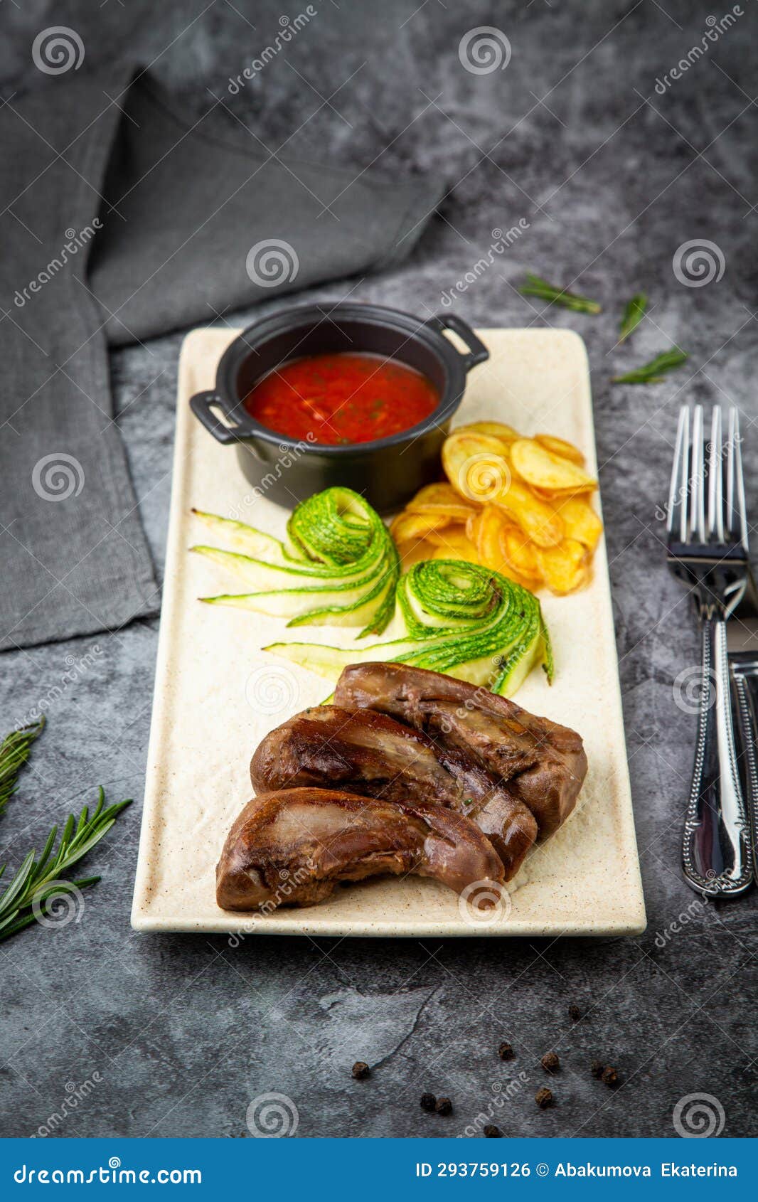 Beef Meat with Chips, Cucumbers and Barbecue Sauce, Side View Stock ...