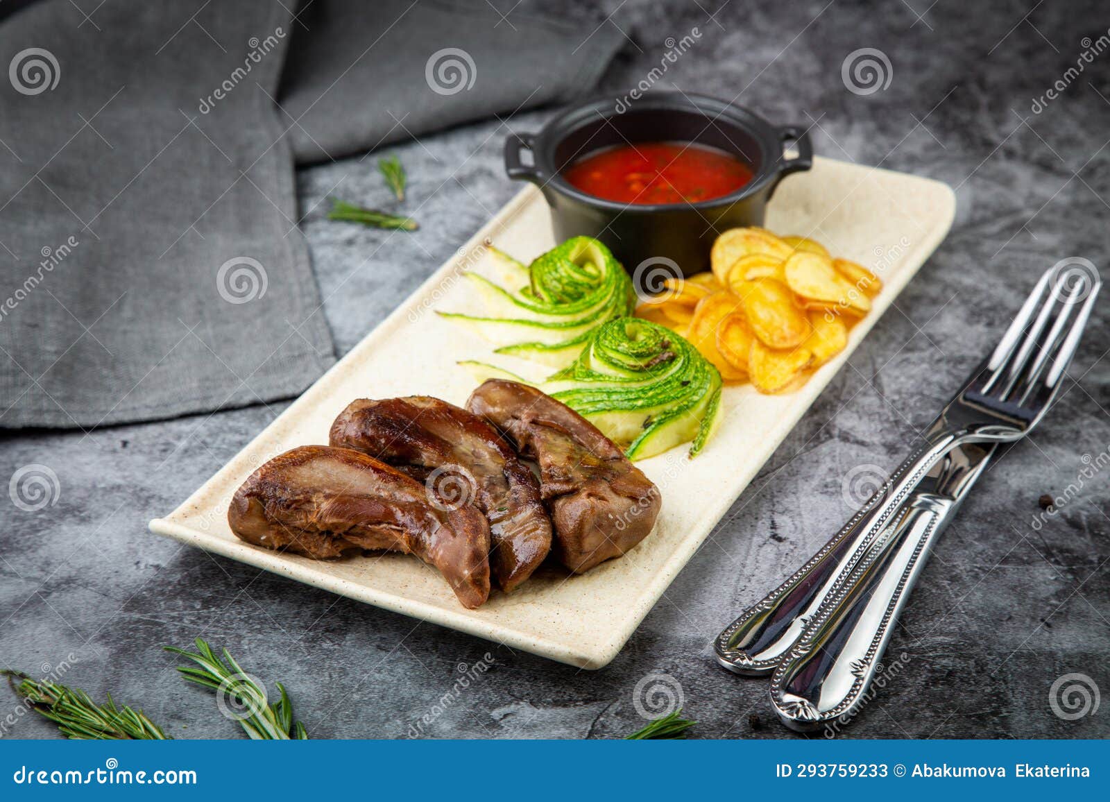 Beef Meat with Chips, Cucumbers and Barbecue Sauce, Side View Stock ...