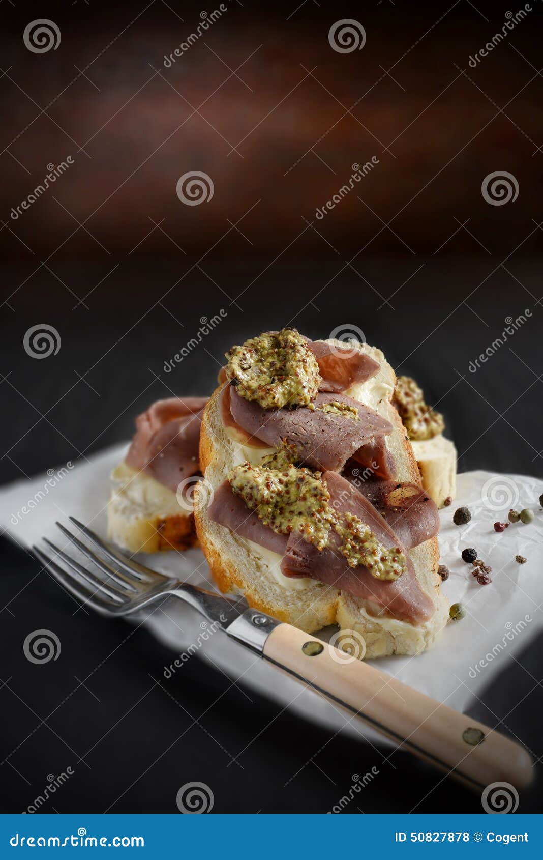 Beef and Mustard Open Sandwich Stock Photo - Image of background ...