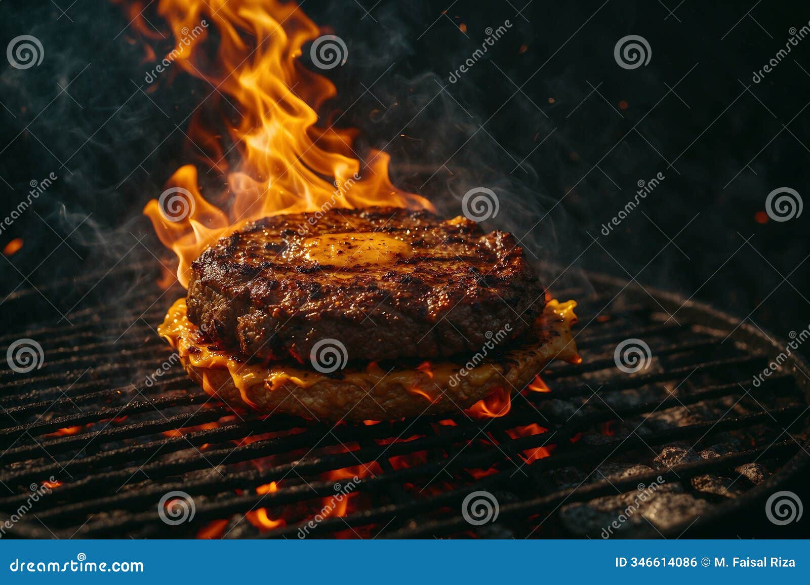 Beef Patty Cooked on the Grill. There is a Burning Fire Effect when it ...