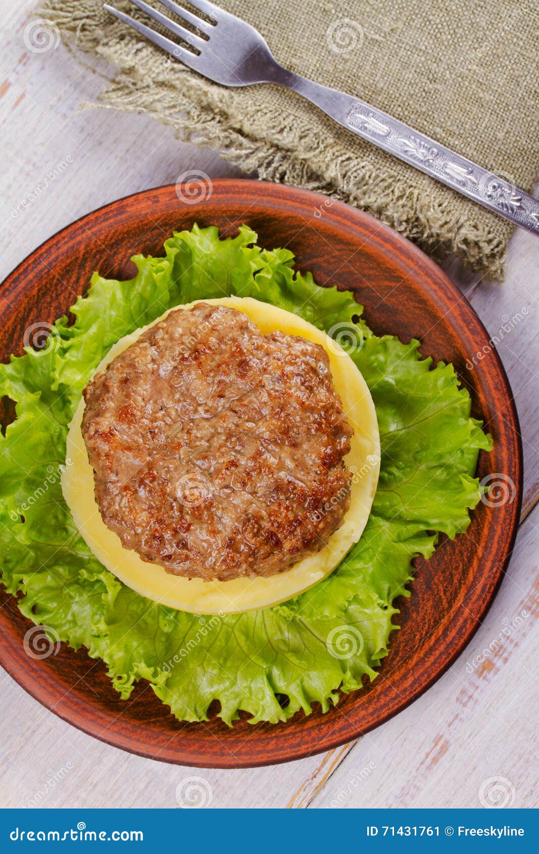 Beef and Pork Patty with Smashed Potato and Lettuce Stock Image - Image ...