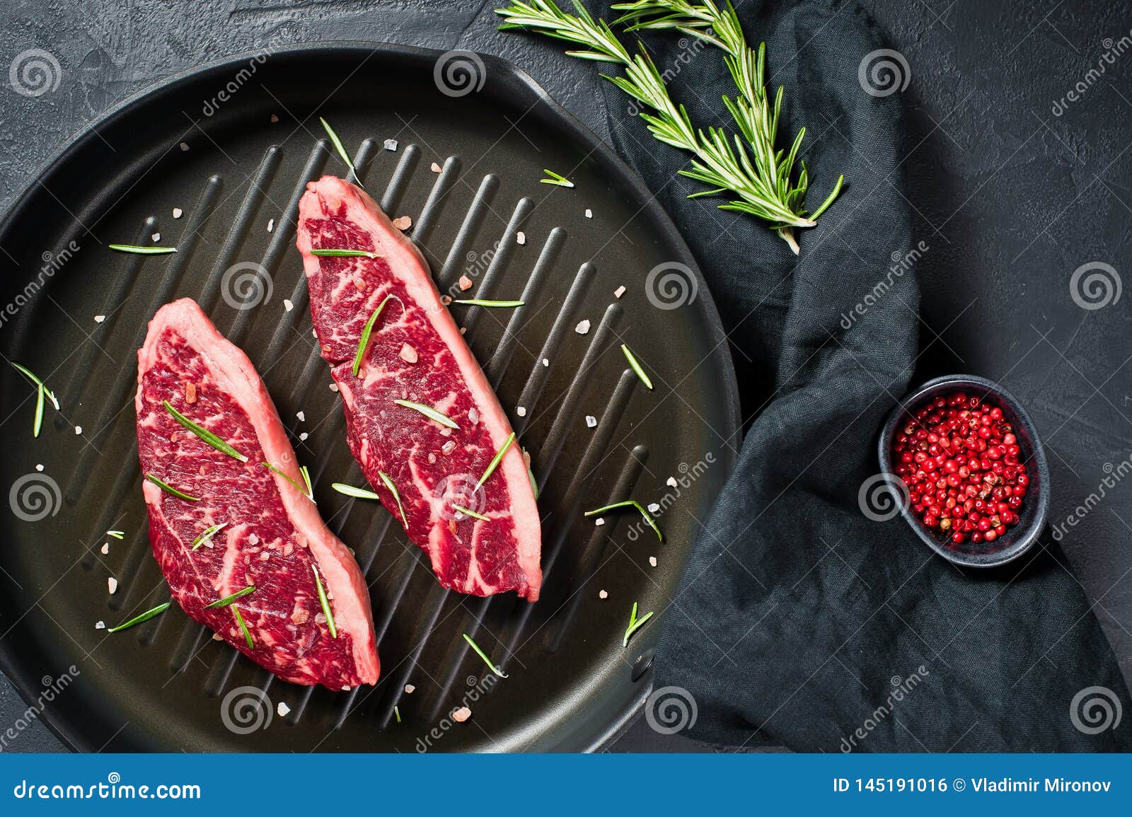 Beef Ramp Steak on the Grill Pan. Black Background, Top View. Stock ...