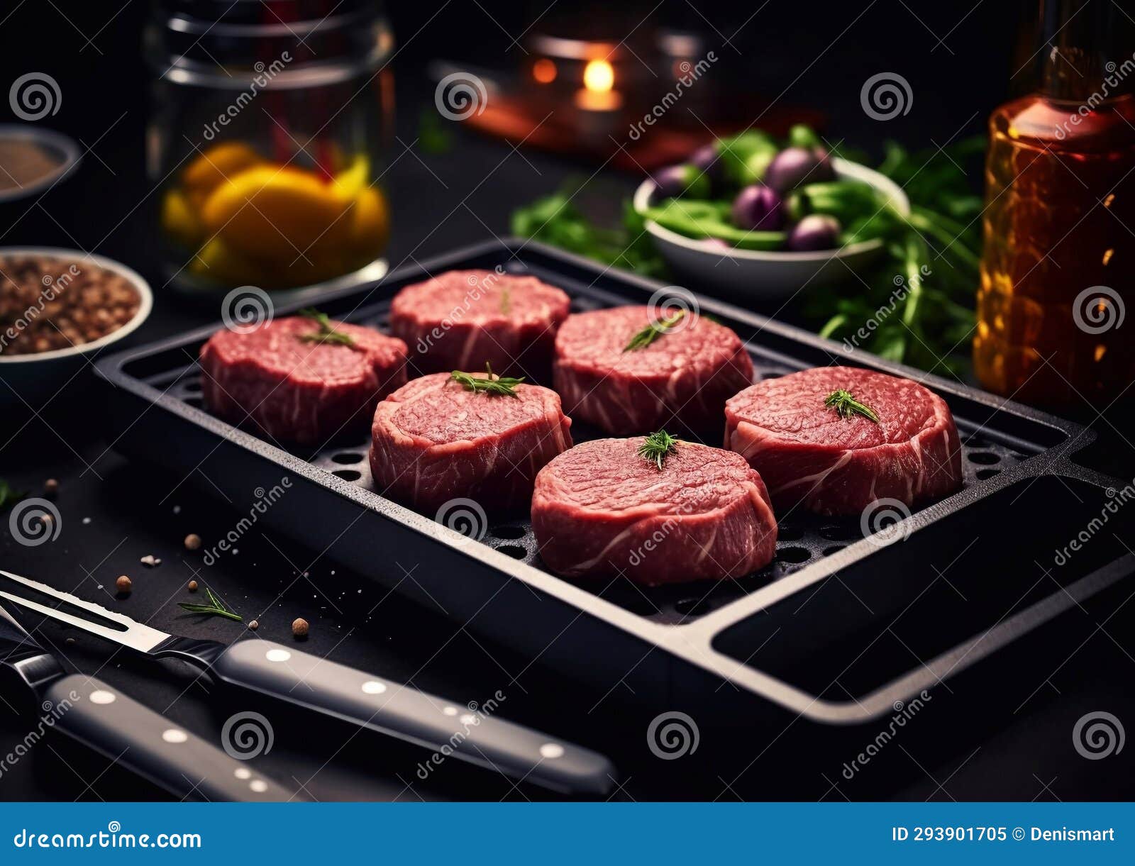 Beef Raw Fillet on Tray with Vegetables and Spices on Dark Kitchen ...