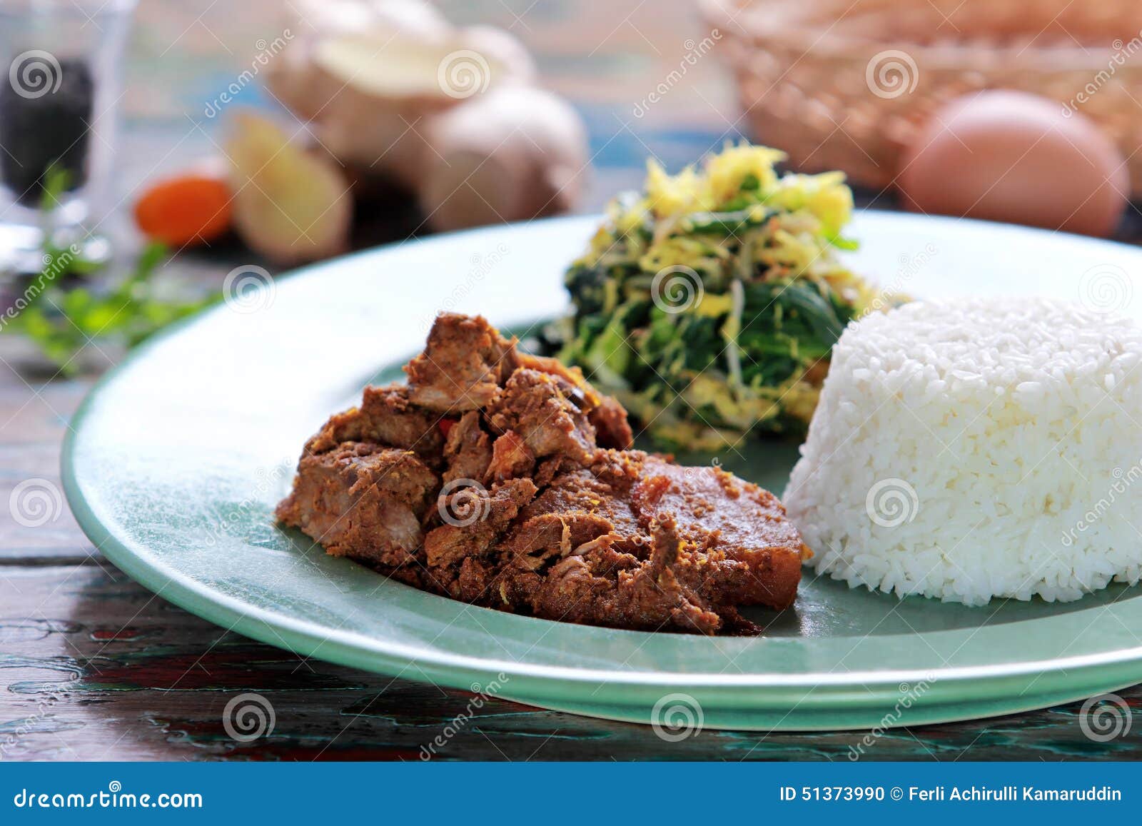 Beef Rendang Served with Urap and Rice Stock Photo - Image of meat ...