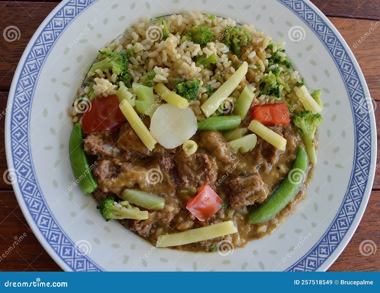 Beef Rendang with Vegetables and Rice Stock Image - Image of yellow ...