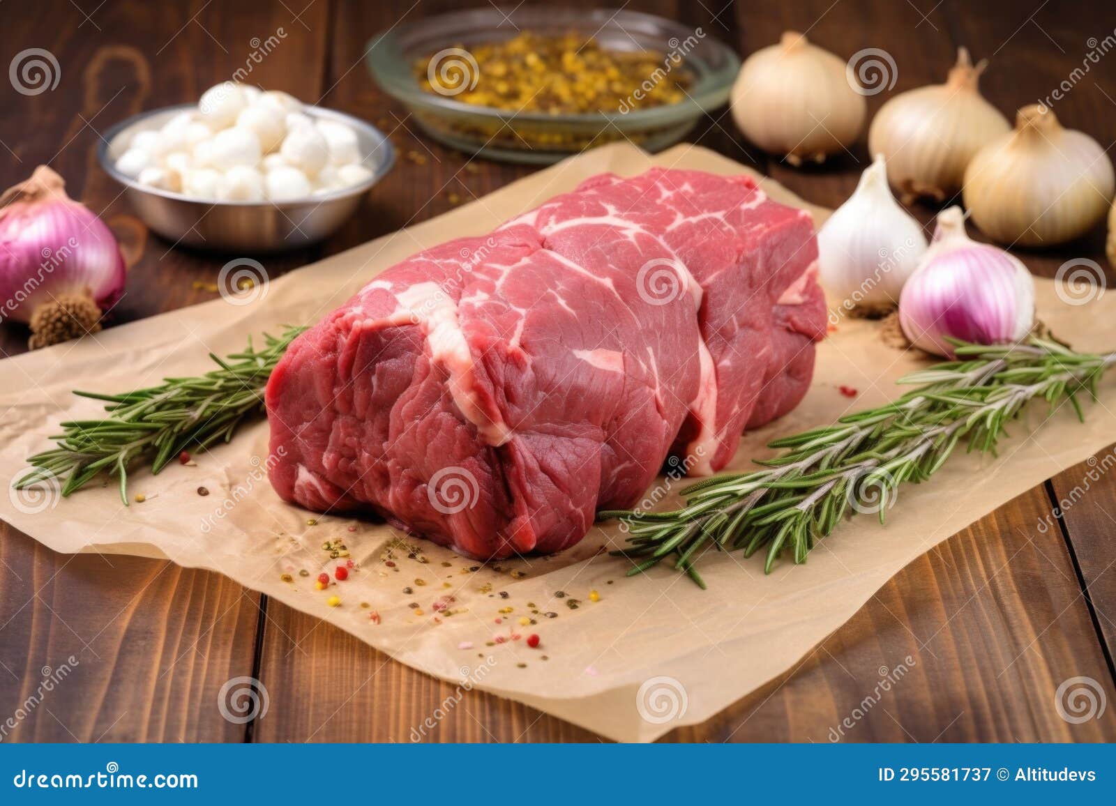 Beef Roast on Butcher Paper Alongside Scattered Garlic Bulbs Stock ...