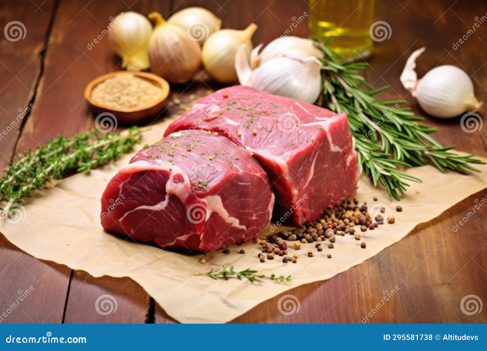 Beef Roast on Butcher Paper Alongside Scattered Garlic Bulbs Stock ...