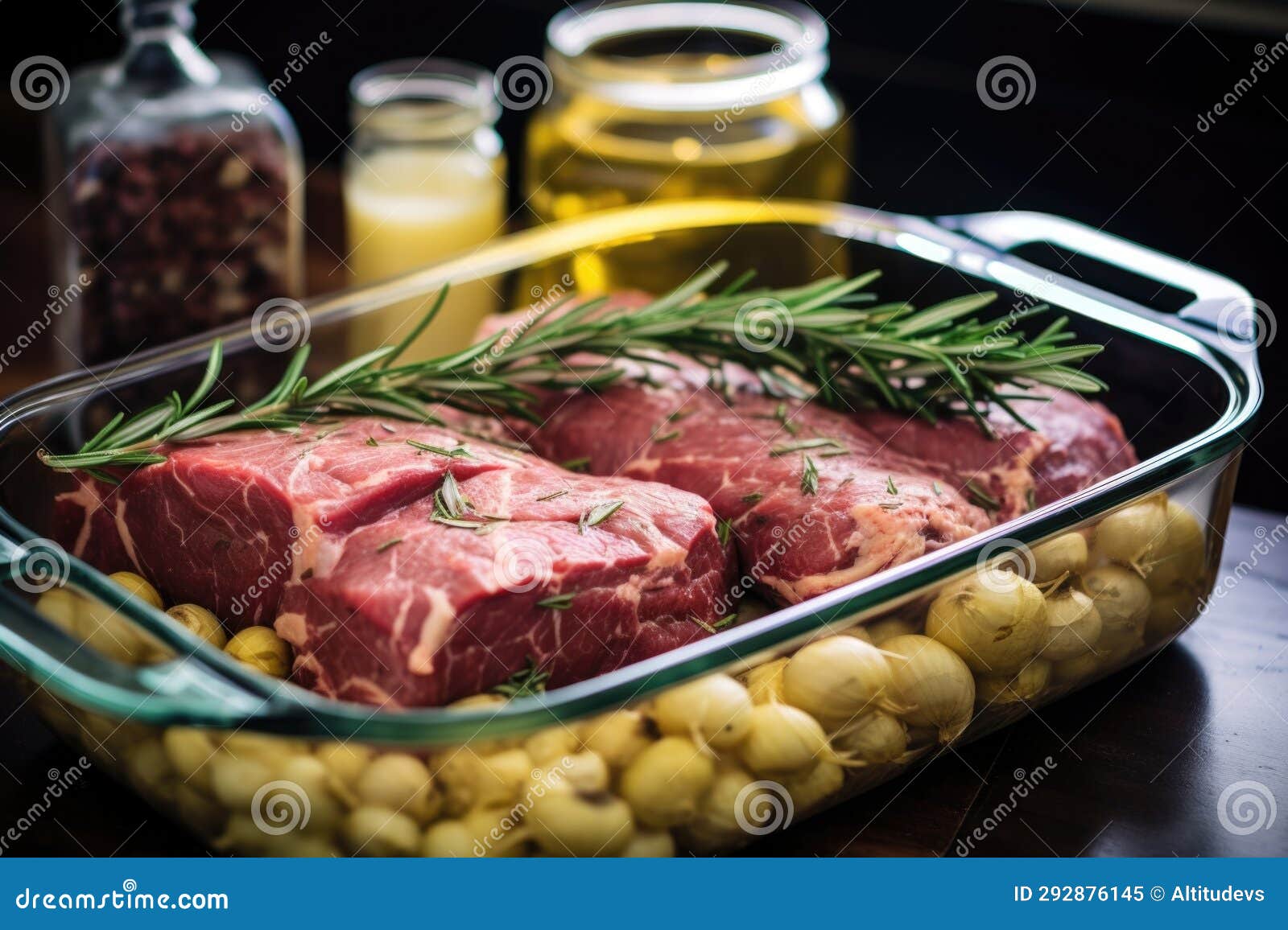 Beef Roast with Garlic Bulbs and Rosemary, Ready for Slow-cooking Stock ...