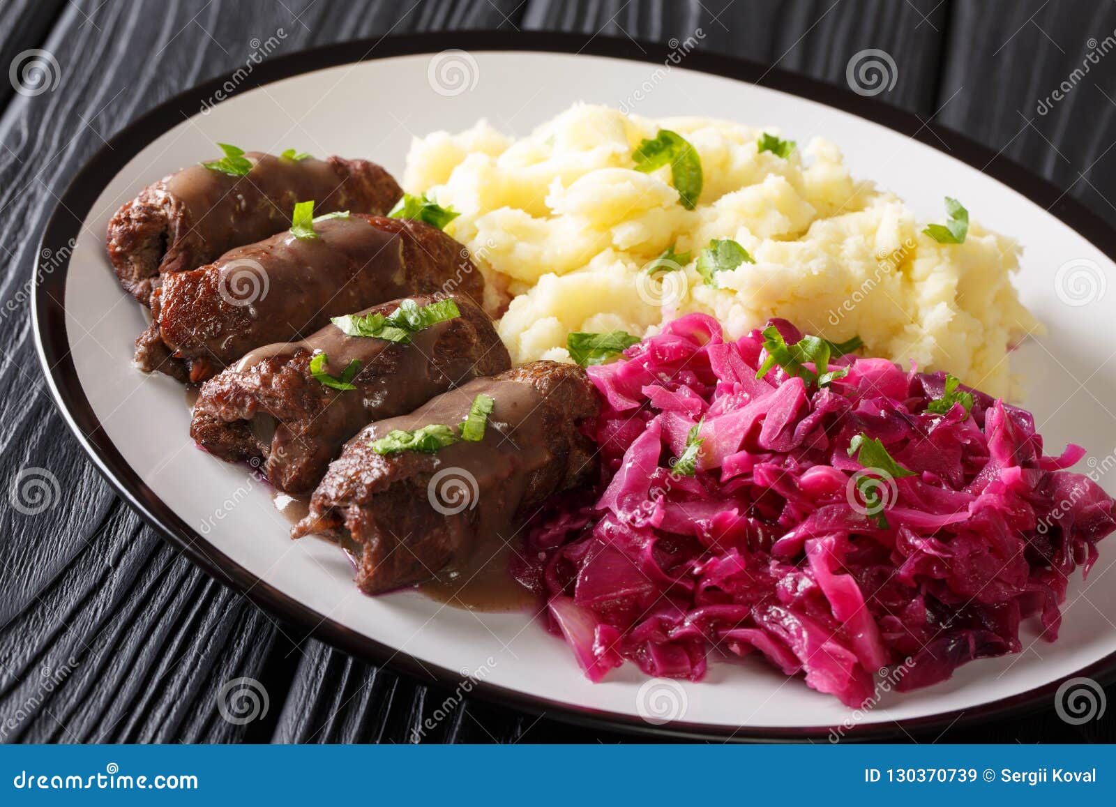 Beef Rouladen with Gravy on a Plate Served with Mashed Potatoes Stock ...