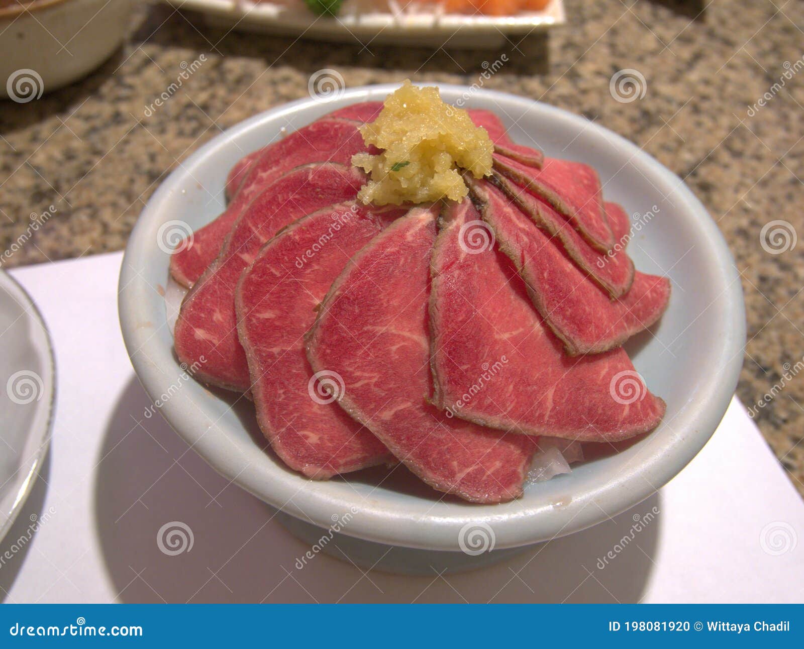 Beef sashimi. stock photo. Image of sauce, beef, soya - 198081920