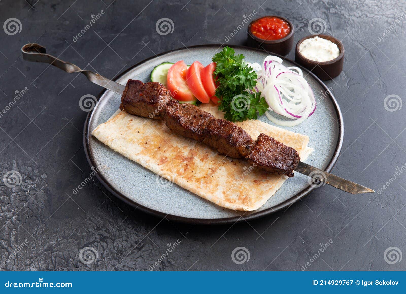 Beef Shashlik on a Skewer in a Plate Stock Image - Image of dish ...