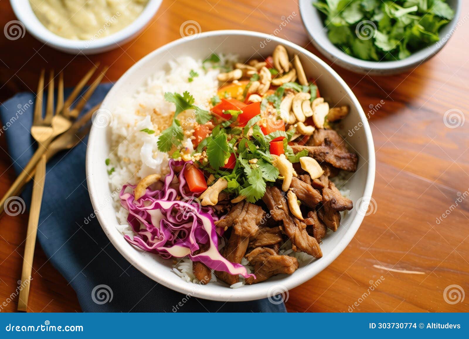 Beef Shawarma Bowl with Rice, Toppings, and a Fork Nearby Stock Photo ...