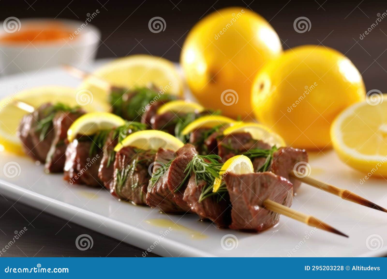 Beef Skewers with a Wedge of Lemon, Side View Stock Photo - Image of ...