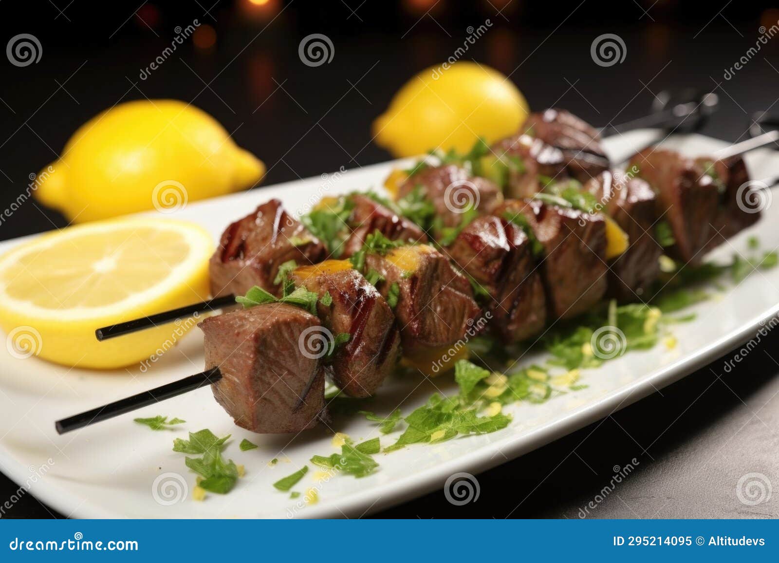 Beef Skewers with a Wedge of Lemon, Side View Stock Illustration ...