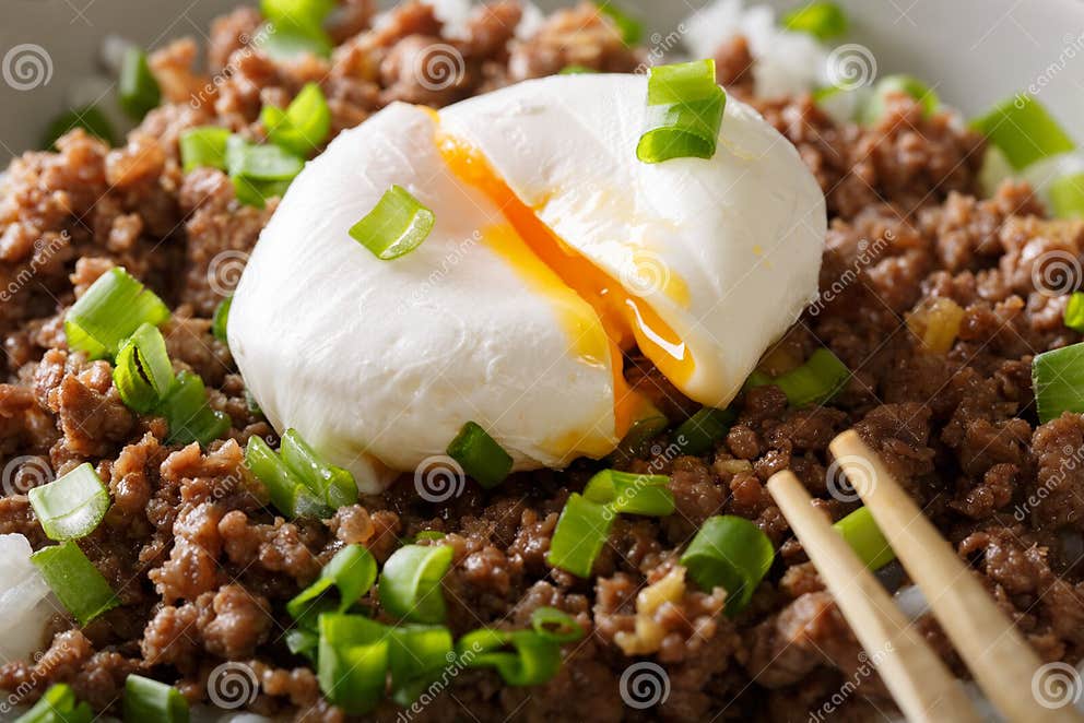 Beef Soboro with Egg Benedict and Green Onion Macro. Horizontal Stock ...