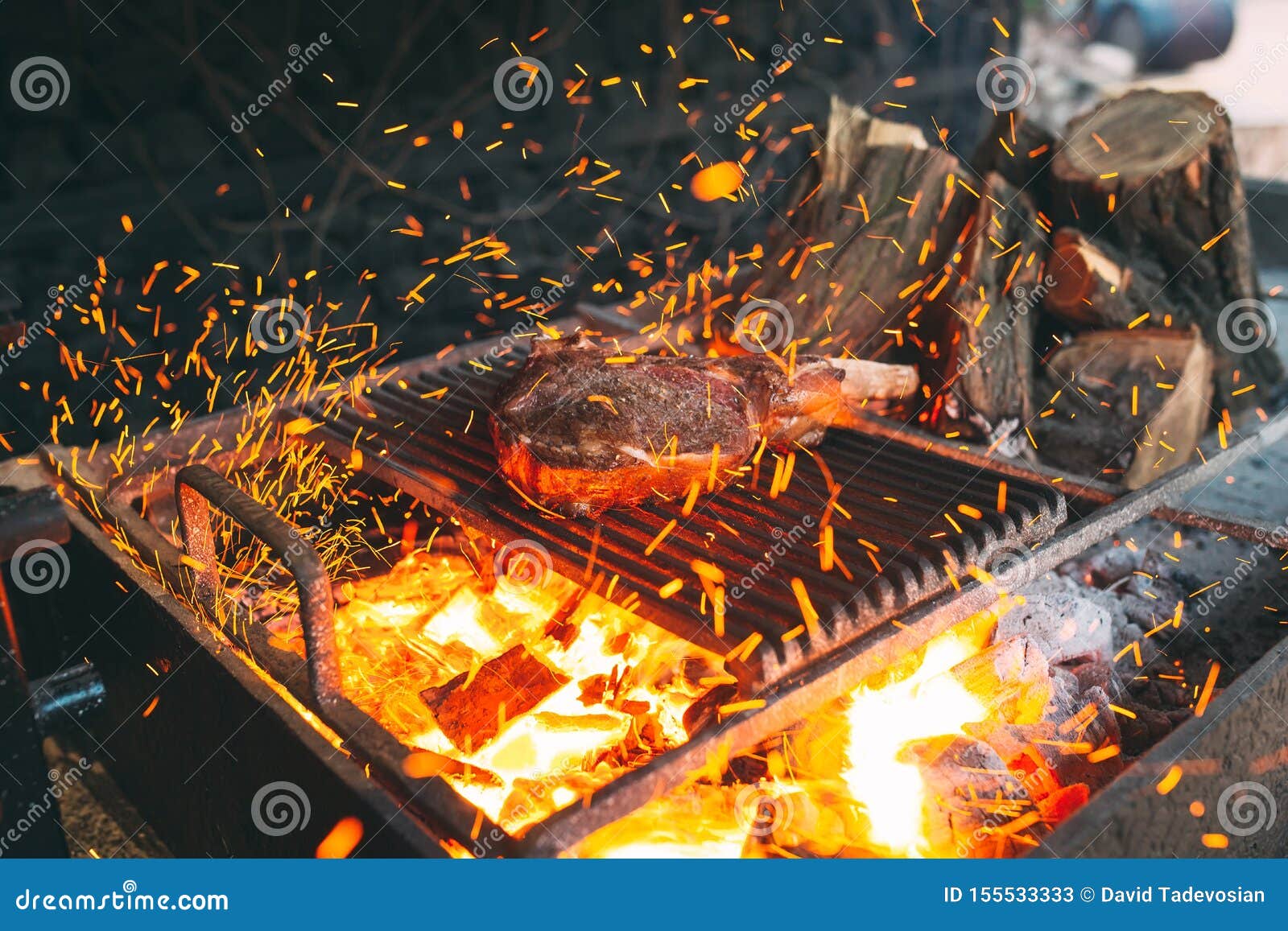 Beef Steak is Cooked on Fire. Beef Rib BBQ . Stock Image - Image of ...