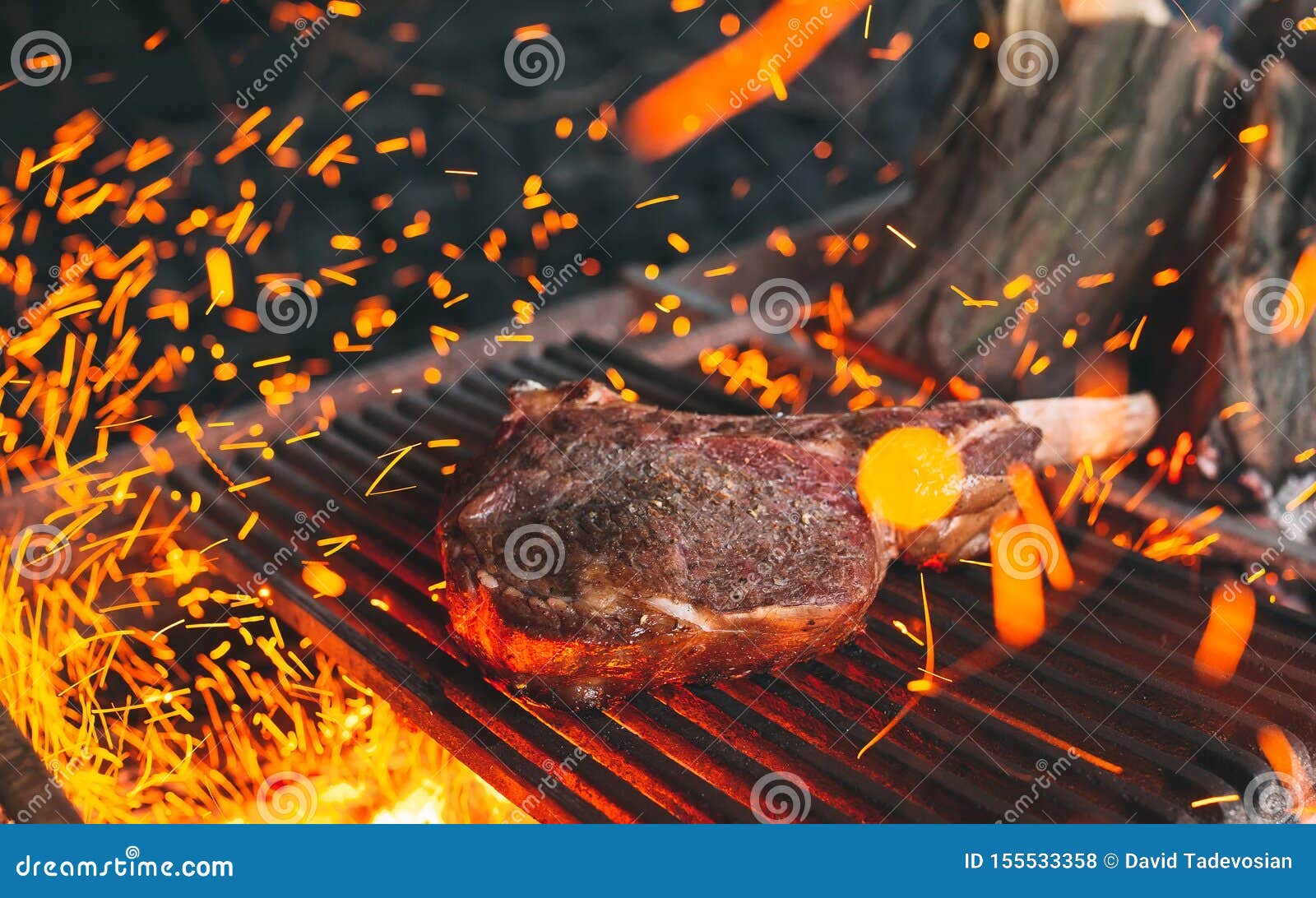Beef Steak is Cooked on Fire. Beef Rib BBQ . Stock Photo - Image of ...