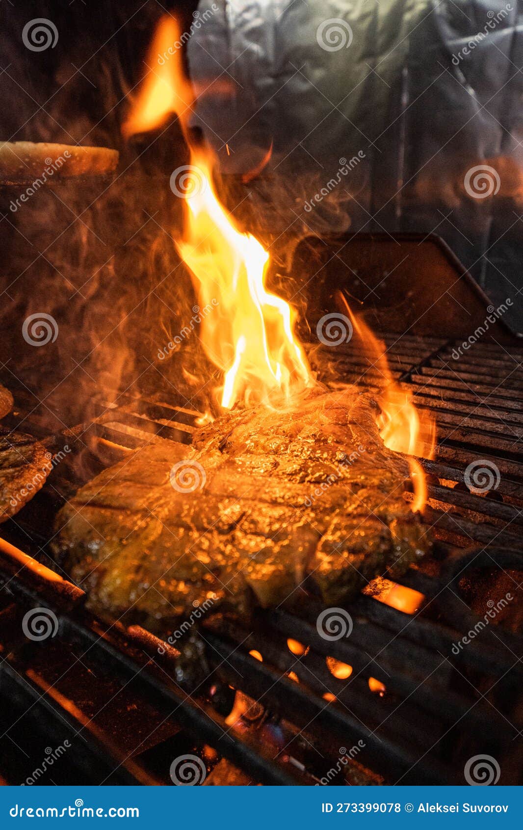 Beef Steak on the Grill with Flames Stock Photo - Image of cookout ...