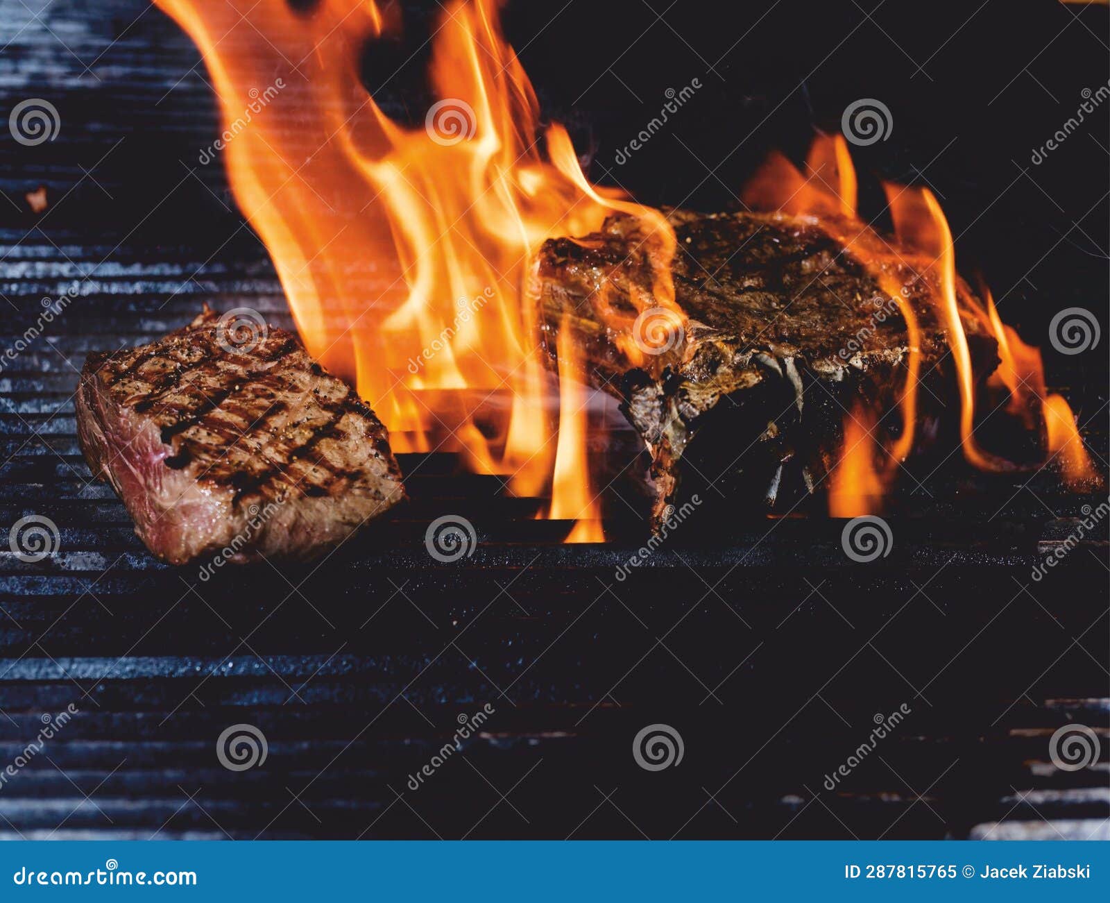 Beef Steak on the Grill, Surrounded by Flames. Stock Image - Image of ...