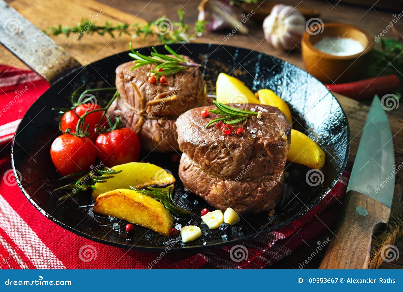 Juicy Medium Beef Fillet Steaks Mignon in Pan on Table Stock Image ...
