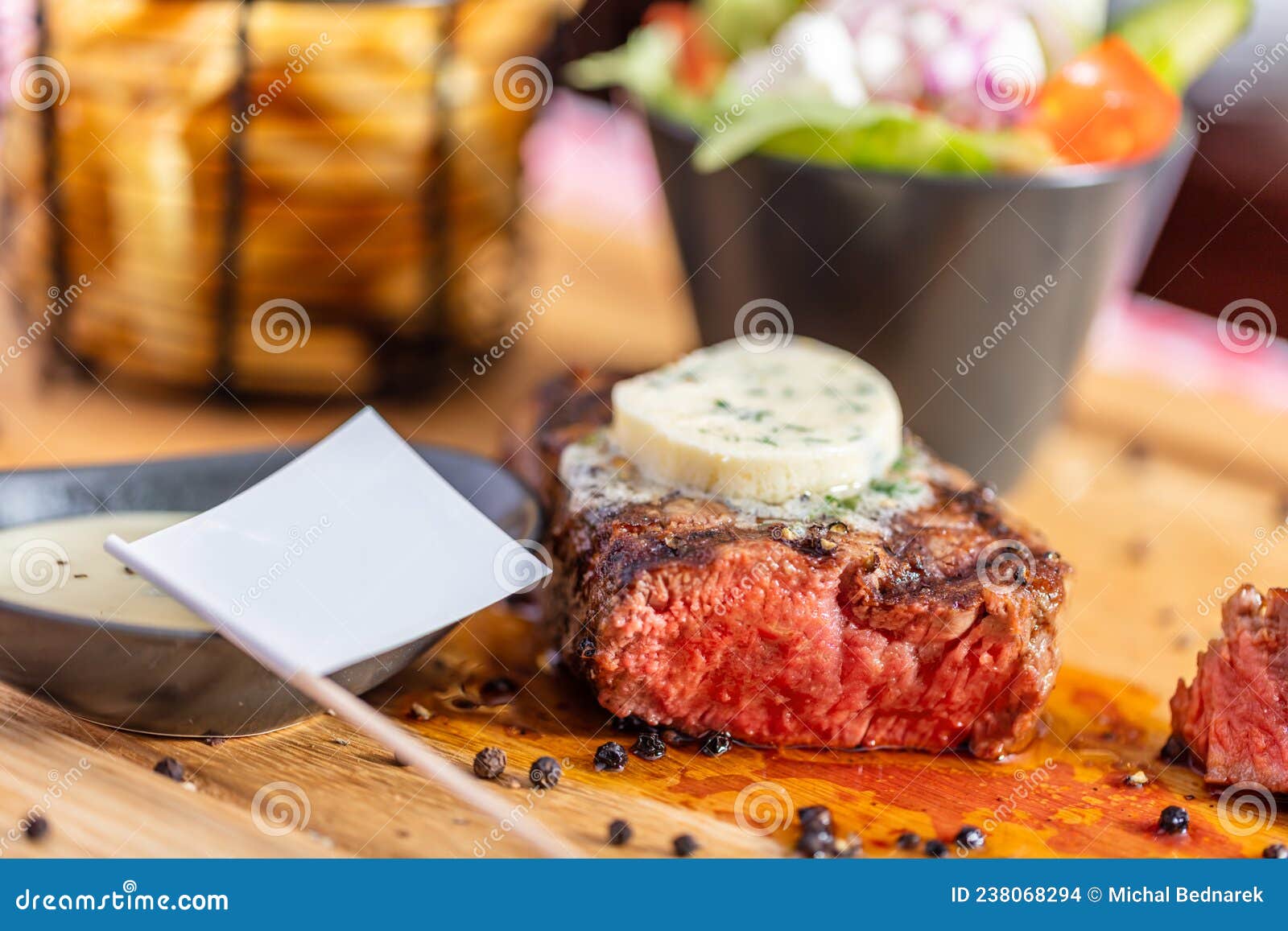 Beef Steak Meal and Empty Toothpick Flag in Resturant Stock Photo ...