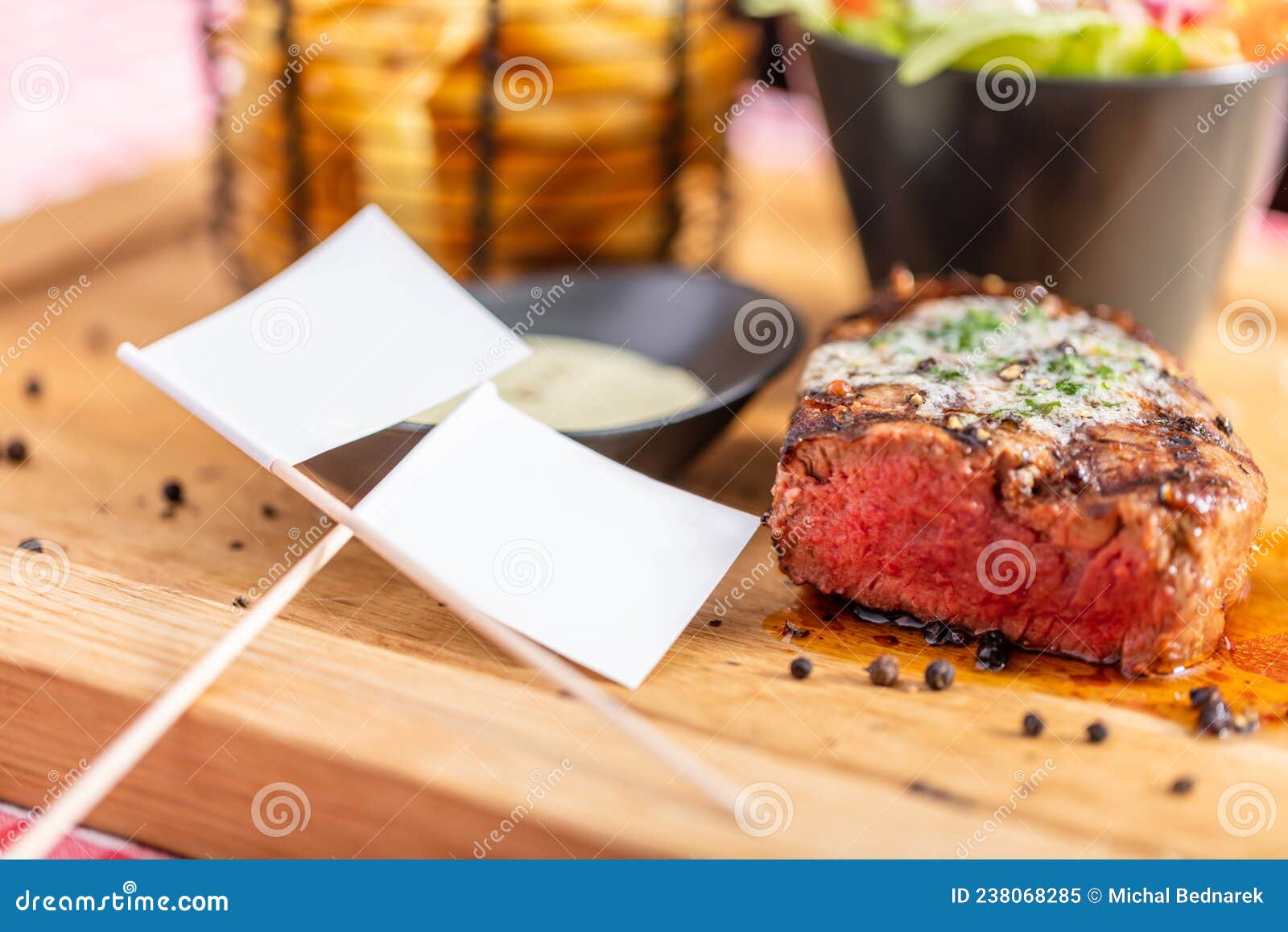 Beef Steak Meal and Empty Toothpick Flags in Resturant Stock Image ...