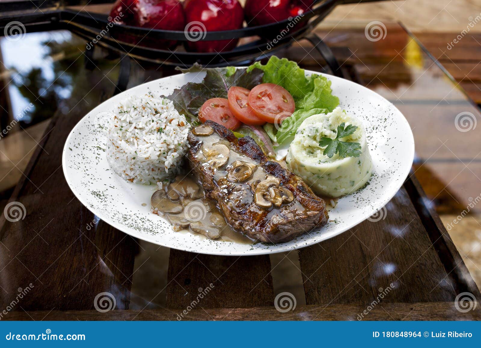 Beef Steak with Potatoes and Rice in Stock Photo - Image of fork, lunch ...