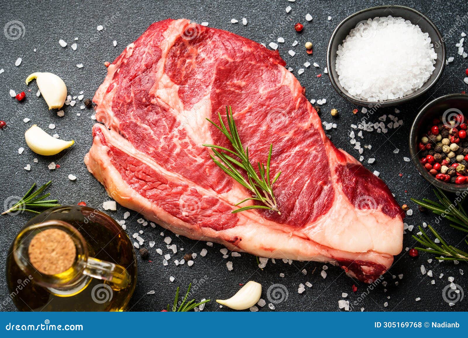 Beef Steak, Raw Meat on Black. Stock Photo - Image of condiment, dark ...