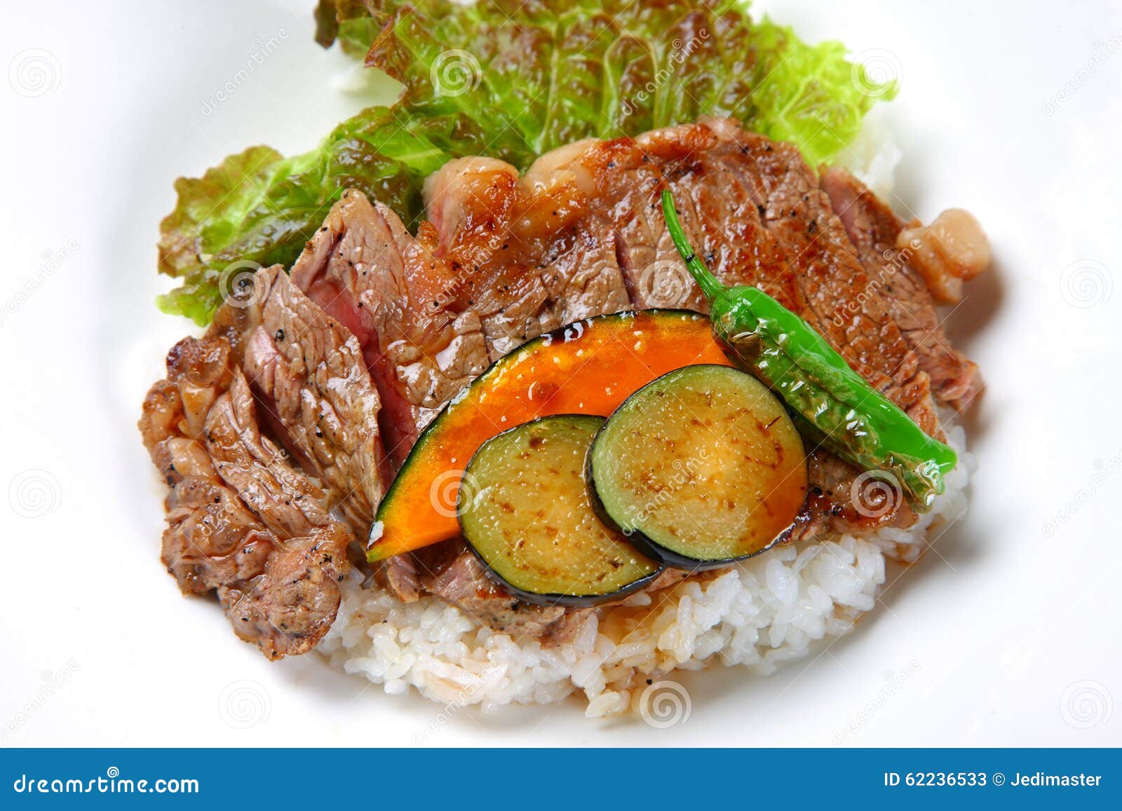 Beef Steak on rice stock image. Image of food, meat, delicious - 62236533