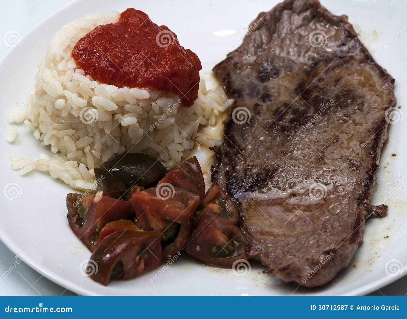 Beef Steak with Rice and Tomato Salad Stock Image - Image of dining ...