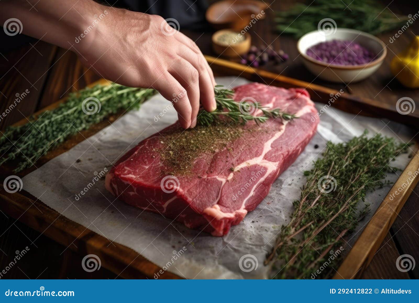 Beef Steak Under Hand Applying Dry Herbs Stock Photo - Image of food ...