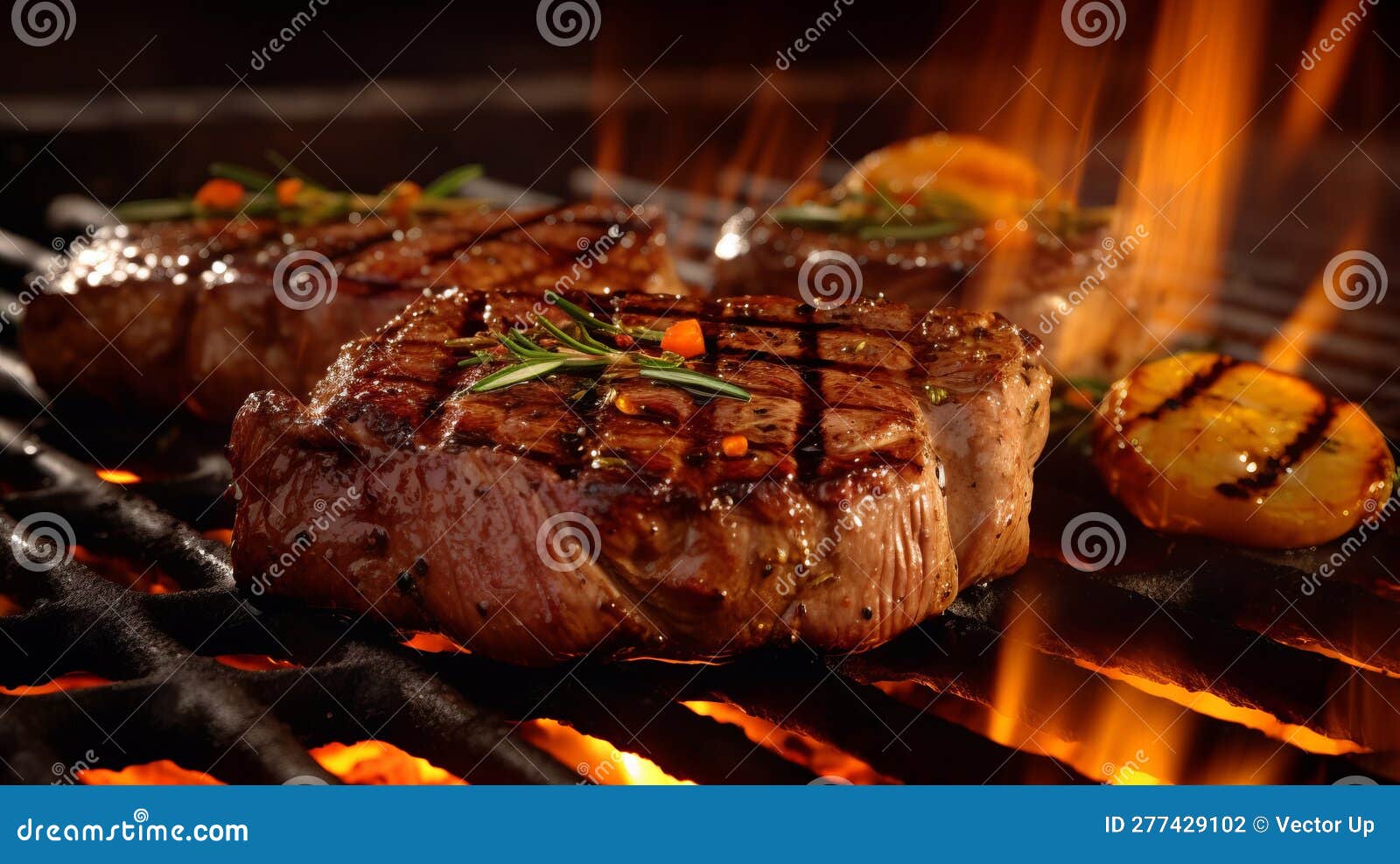 Beef Steaks on a Grill with Fire Around. Generative AI Stock ...
