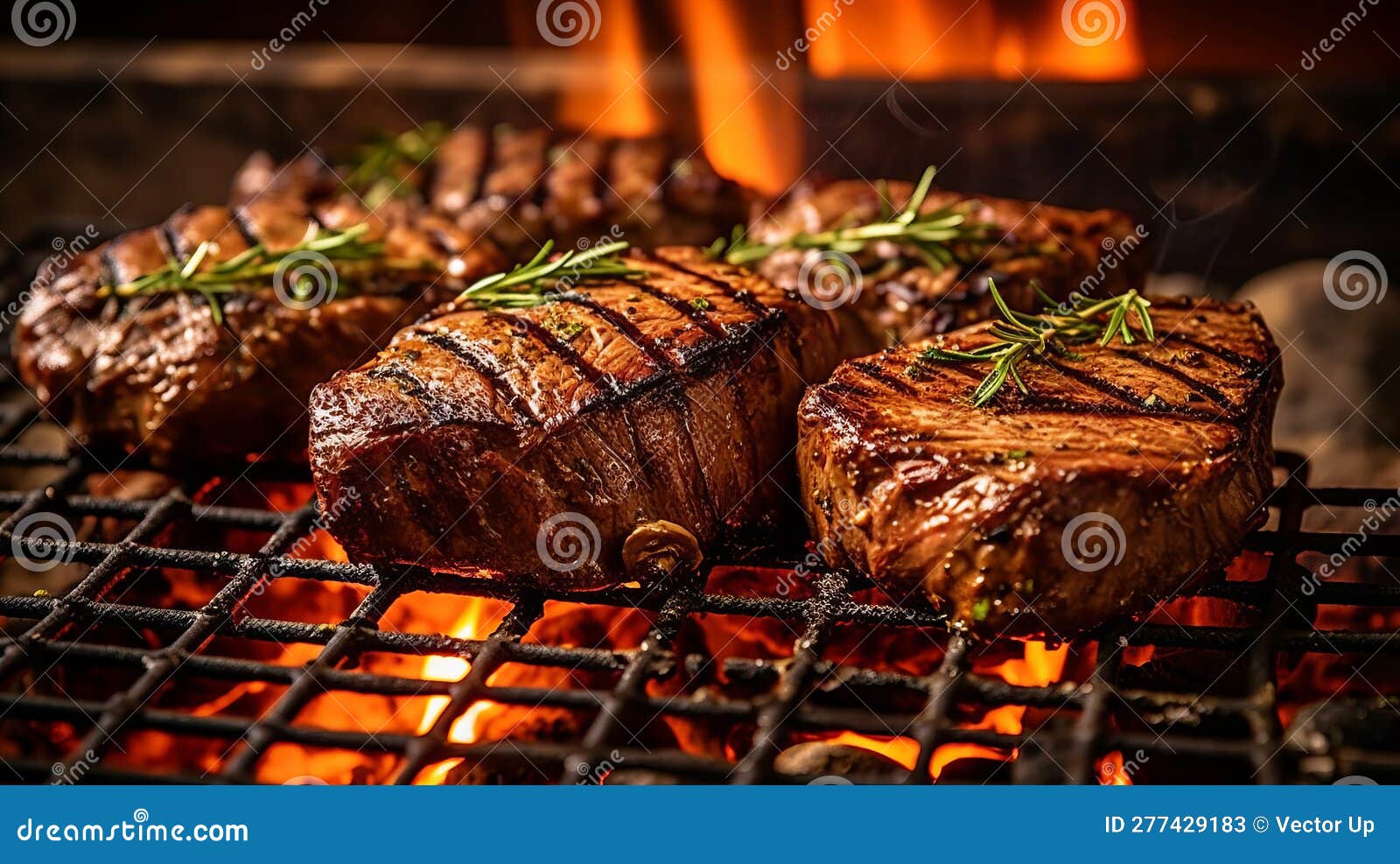 Beef Steaks on a Grill with Fire Around. Generative AI Stock ...