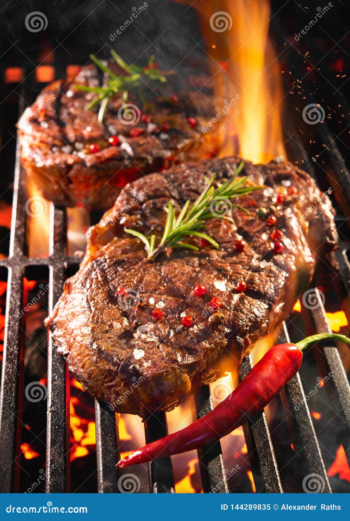 Beef Steaks Sizzling on the Grill Stock Image - Image of american, dark ...
