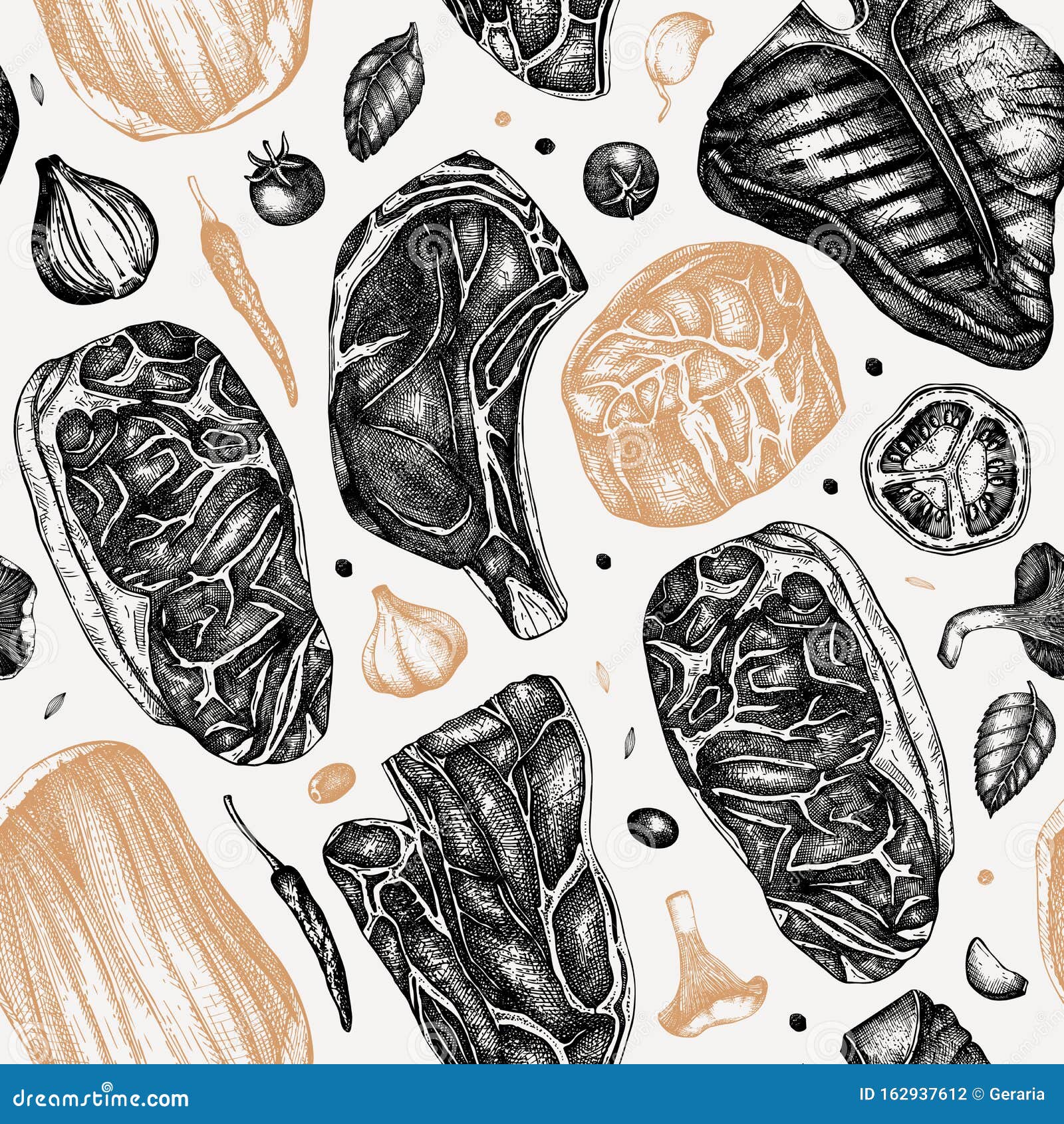 Beef Steaks Vector Backdrop. Raw Meat Top View Seamless Pattern. Hand ...