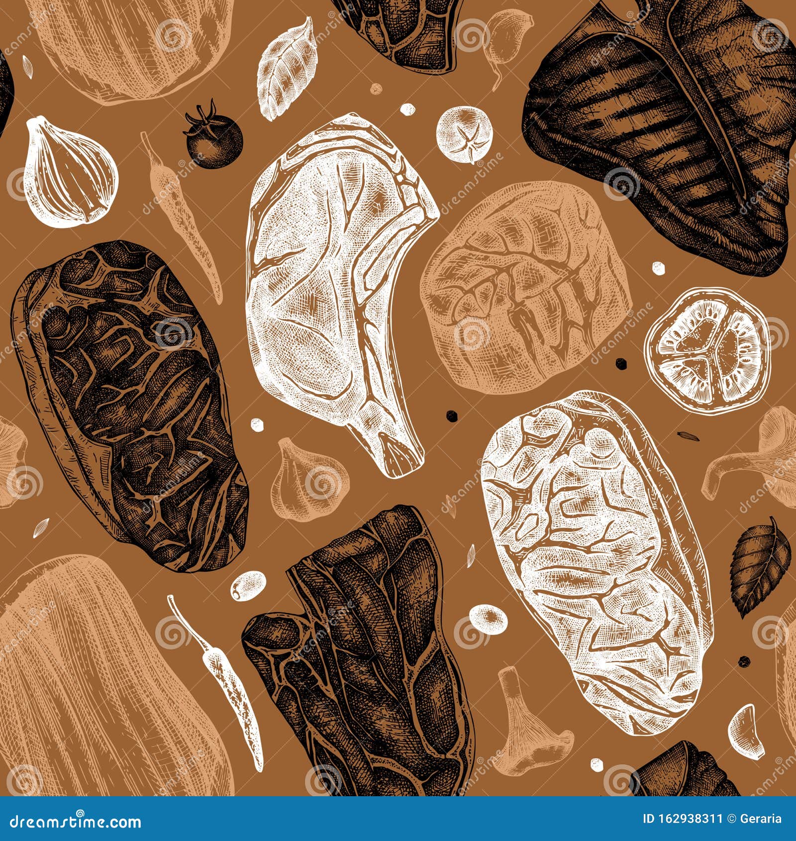 Beef Steaks Vector Backdrop Raw Meat Top View Seamless Pattern Hand